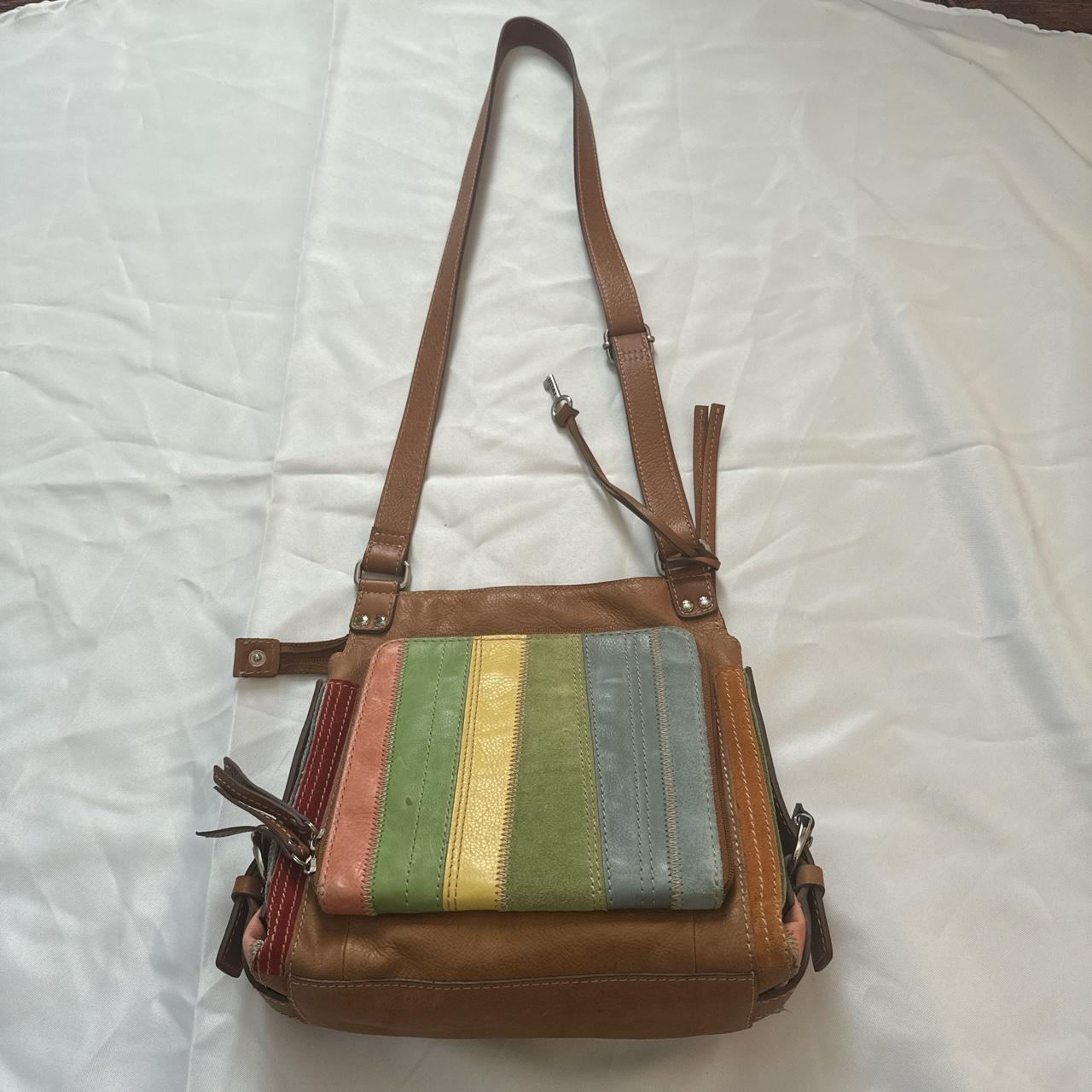 Vintage Leather Fossil color patchwork shoulder bag - Depop