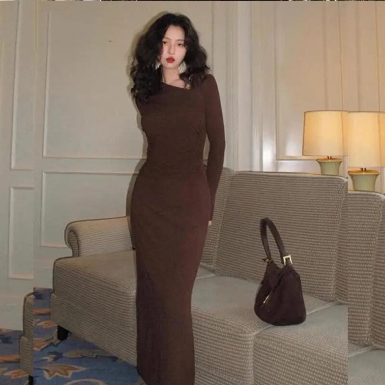 Brown long sleeve maxi bodycon dress Very... - Depop