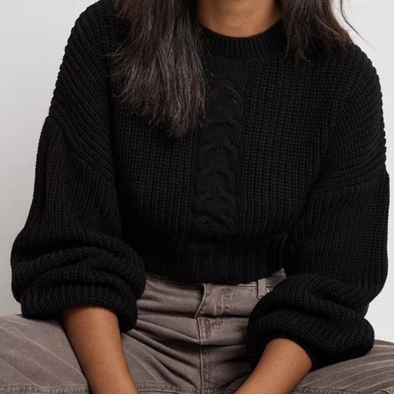Cozy black cable knit sweater with balloon sleeves... - Depop