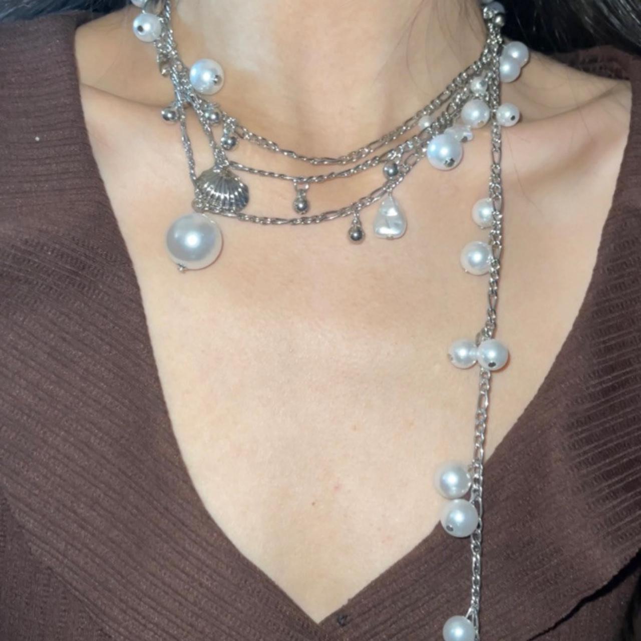 silver three-layer pearl shell waist chain length is... - Depop