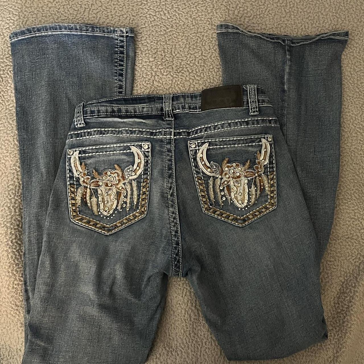 High waisted bling flared light wash jeans #bull... - Depop