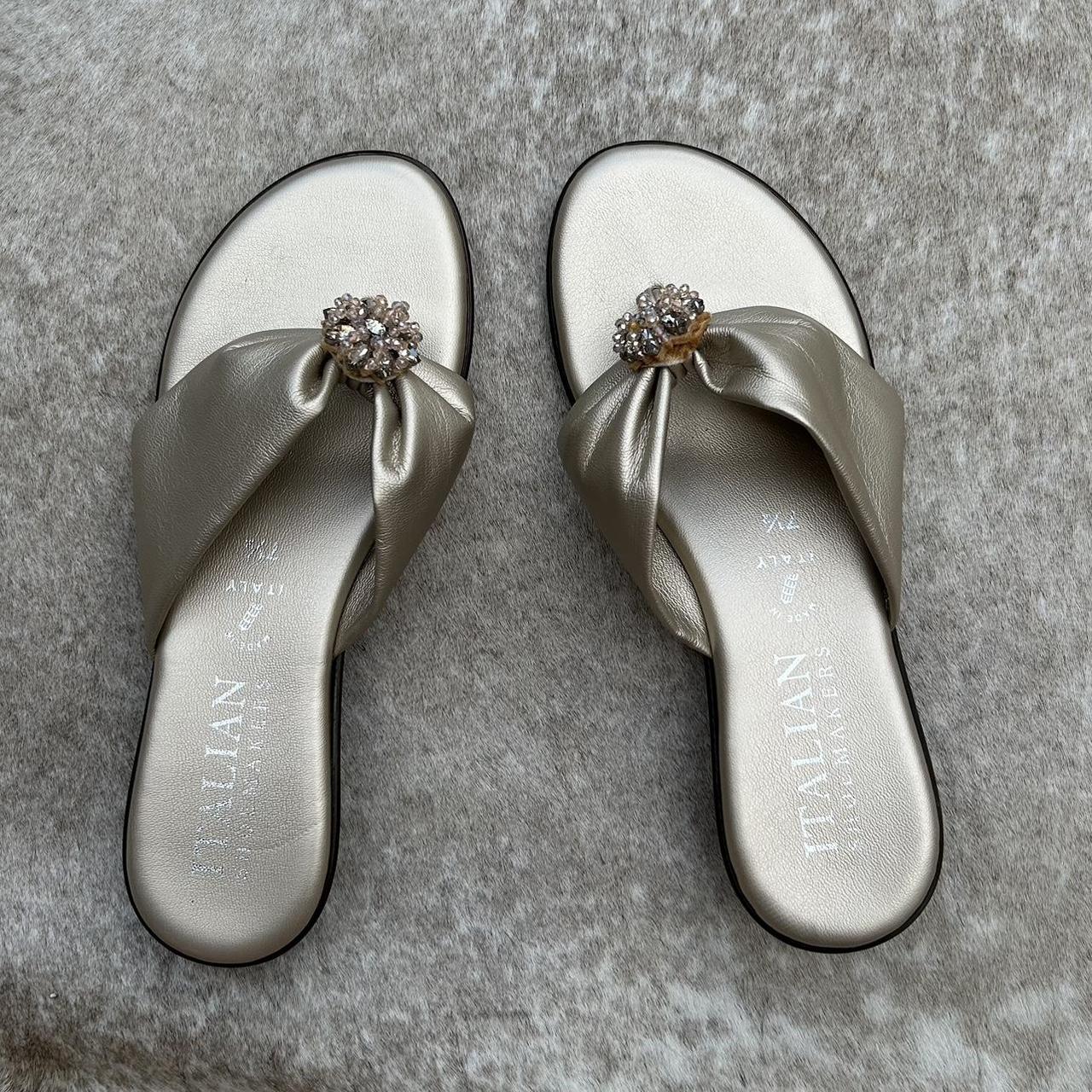 Gold Leather Mule Kitten Wedges with Rhinestone... | Depop