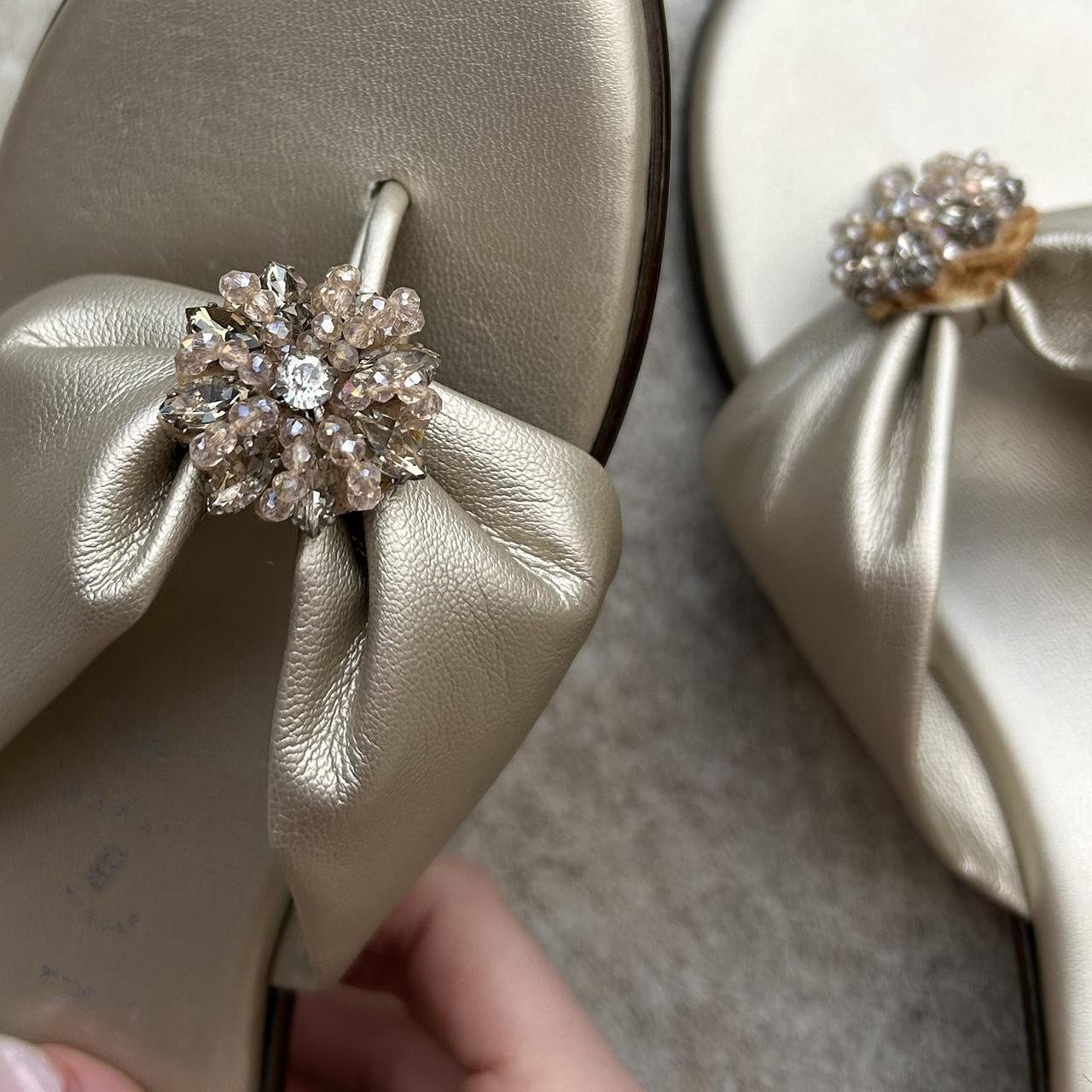 Gold Leather Mule Kitten Wedges with Rhinestone... | Depop