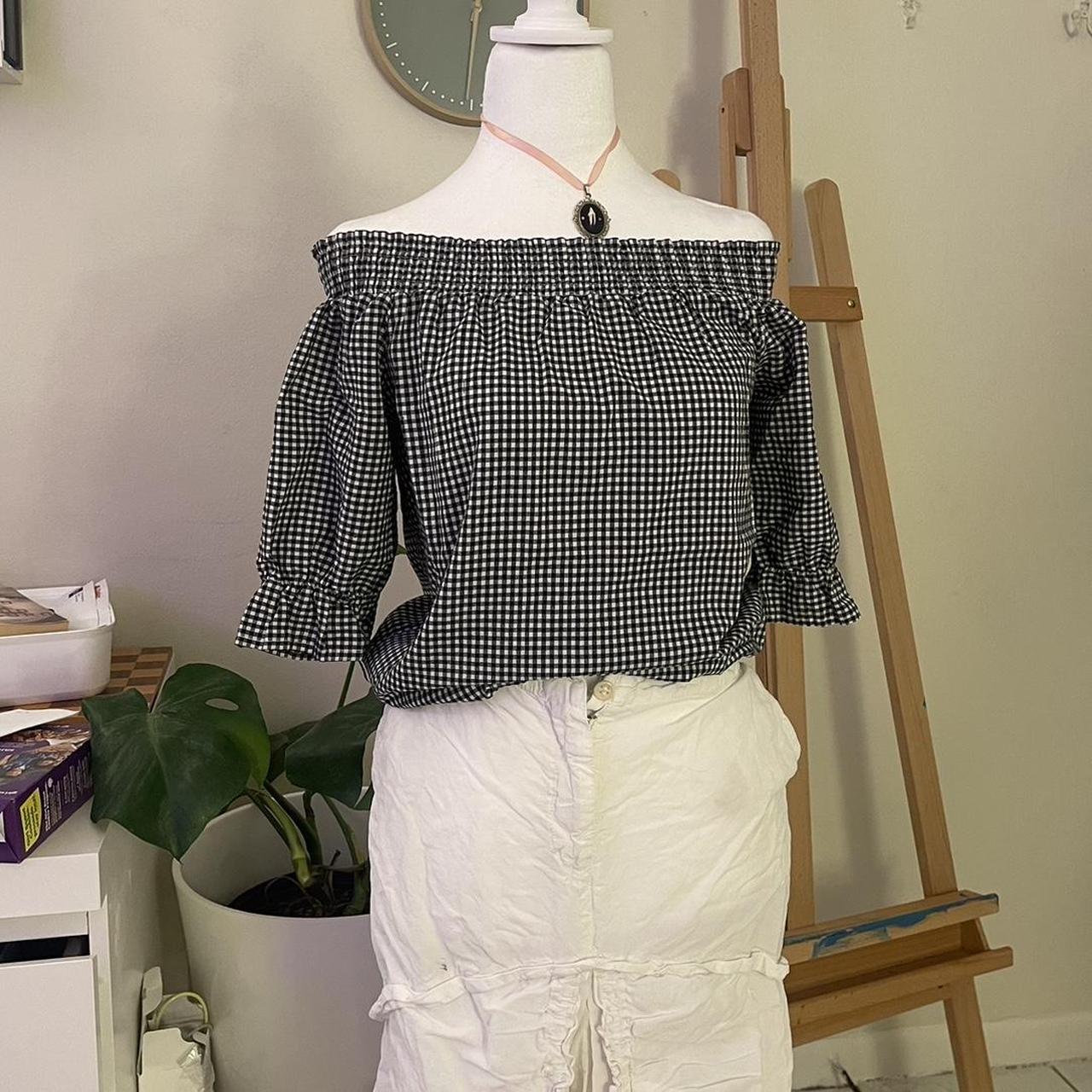 gingham off the shoulder acubi korean style top so... | Depop