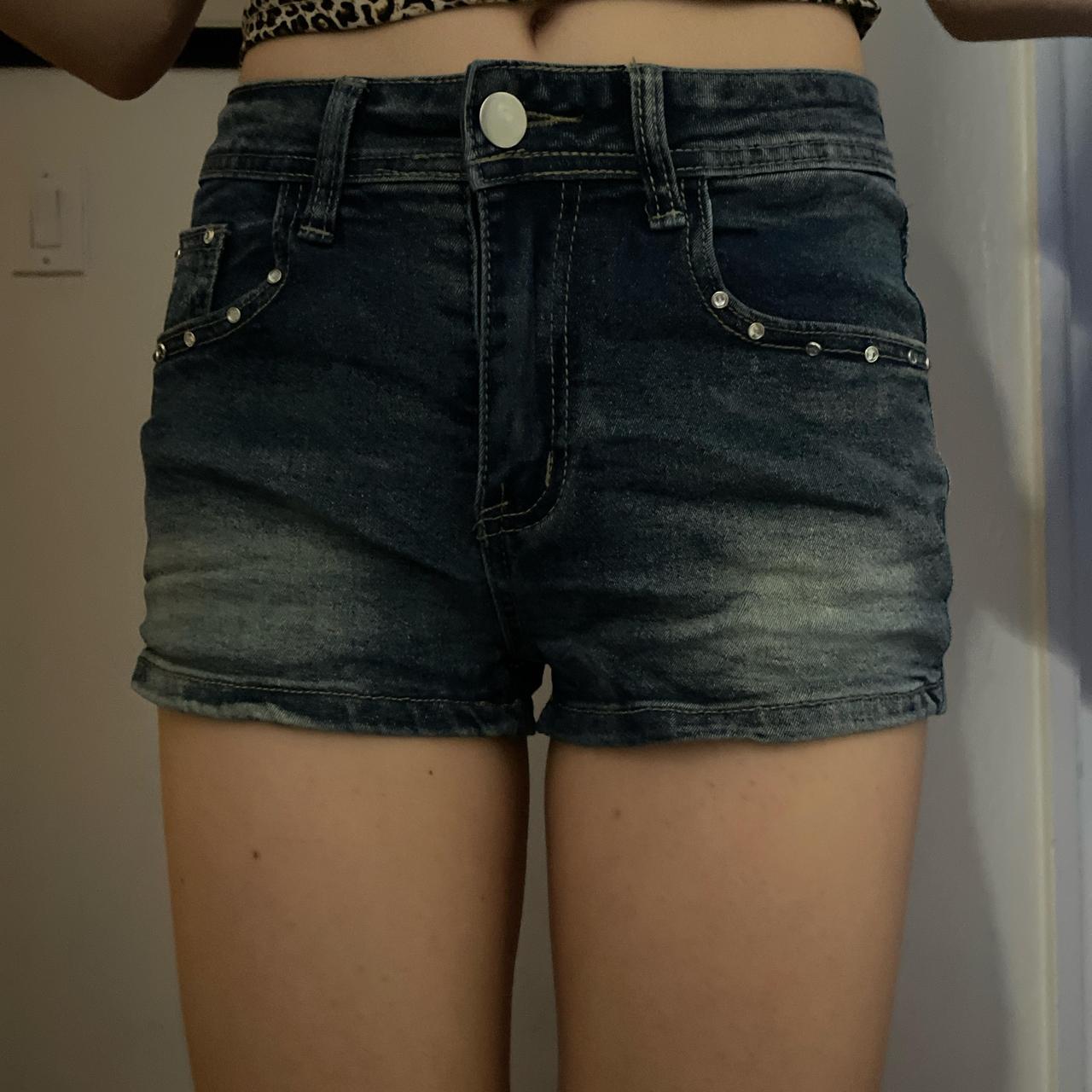 xs bedazzled skull low rise shorts - Depop