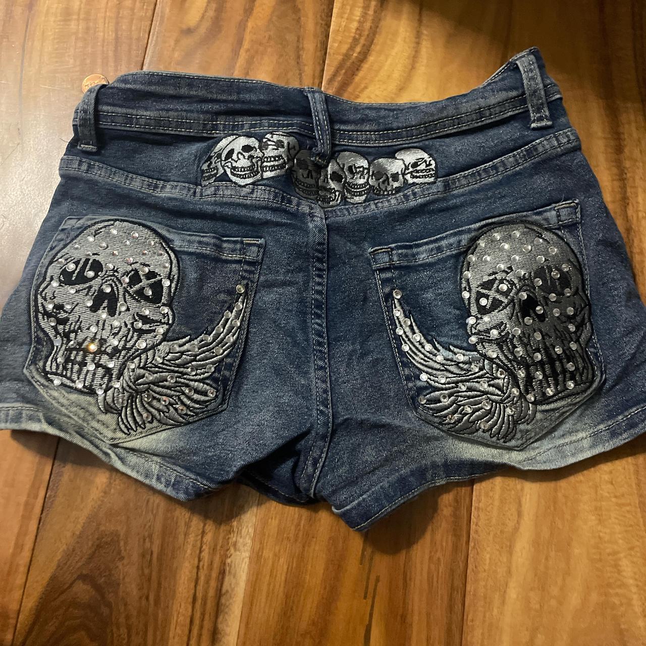 xs bedazzled skull low rise shorts - Depop