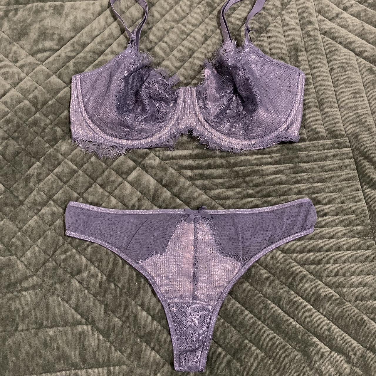 Blue Metallic Lace Bra Set Bra Size 32DD Panty Size... - Depop