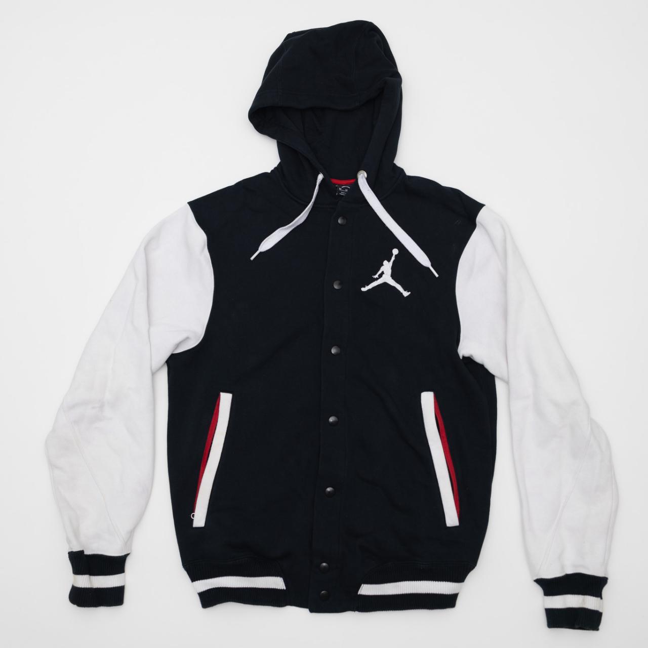 mens vintage air jordan varsity jacket small black. Depop