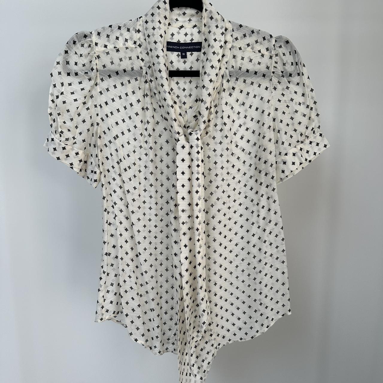 French Connection Cream and black pussy bow blouse - Depop