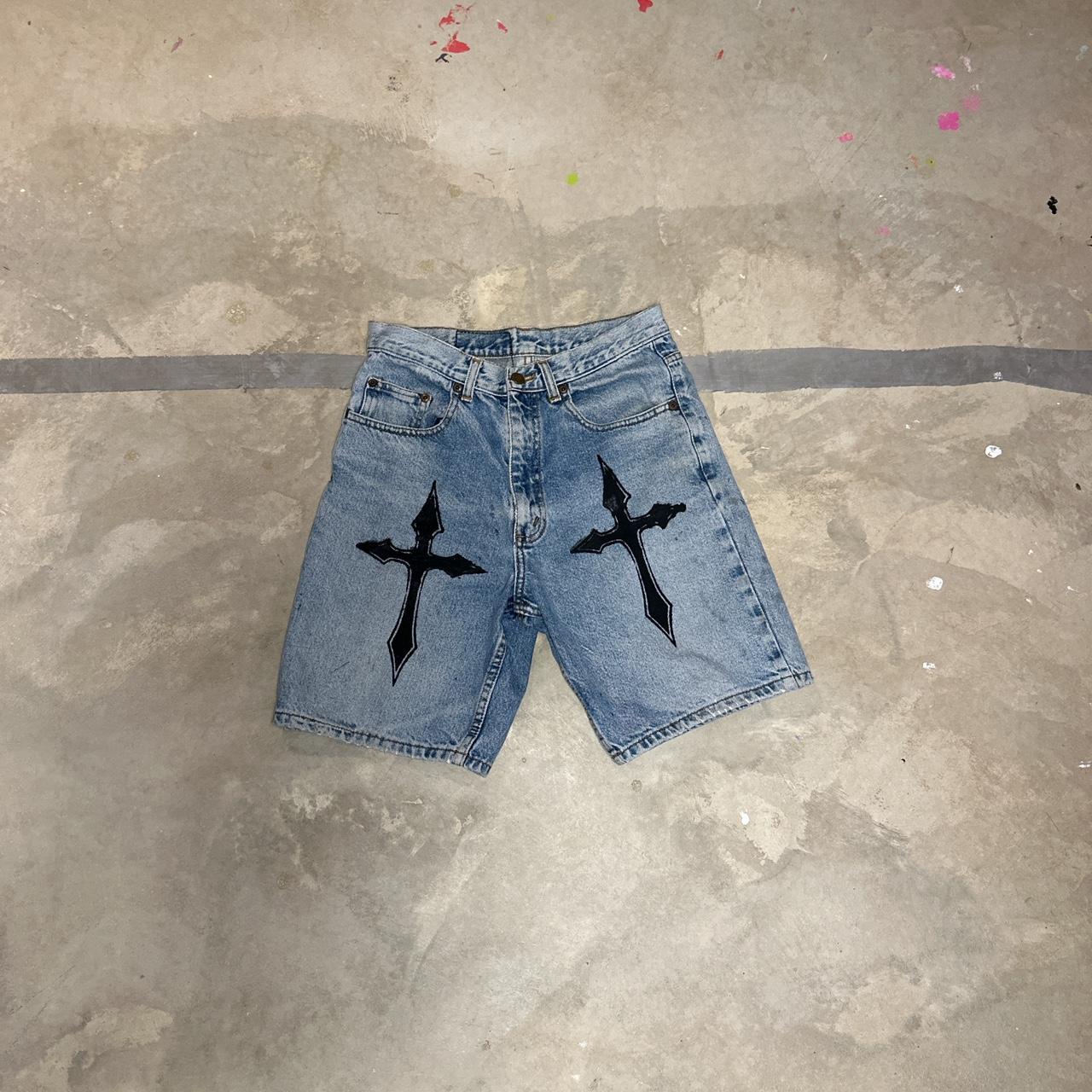 One of one cross screen printed jorts Size 30... - Depop