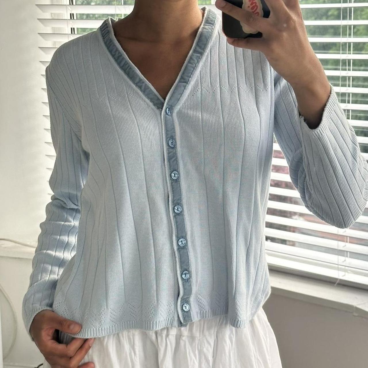 Baby blue cardigan with blue velvet trim ribbed knit... - Depop
