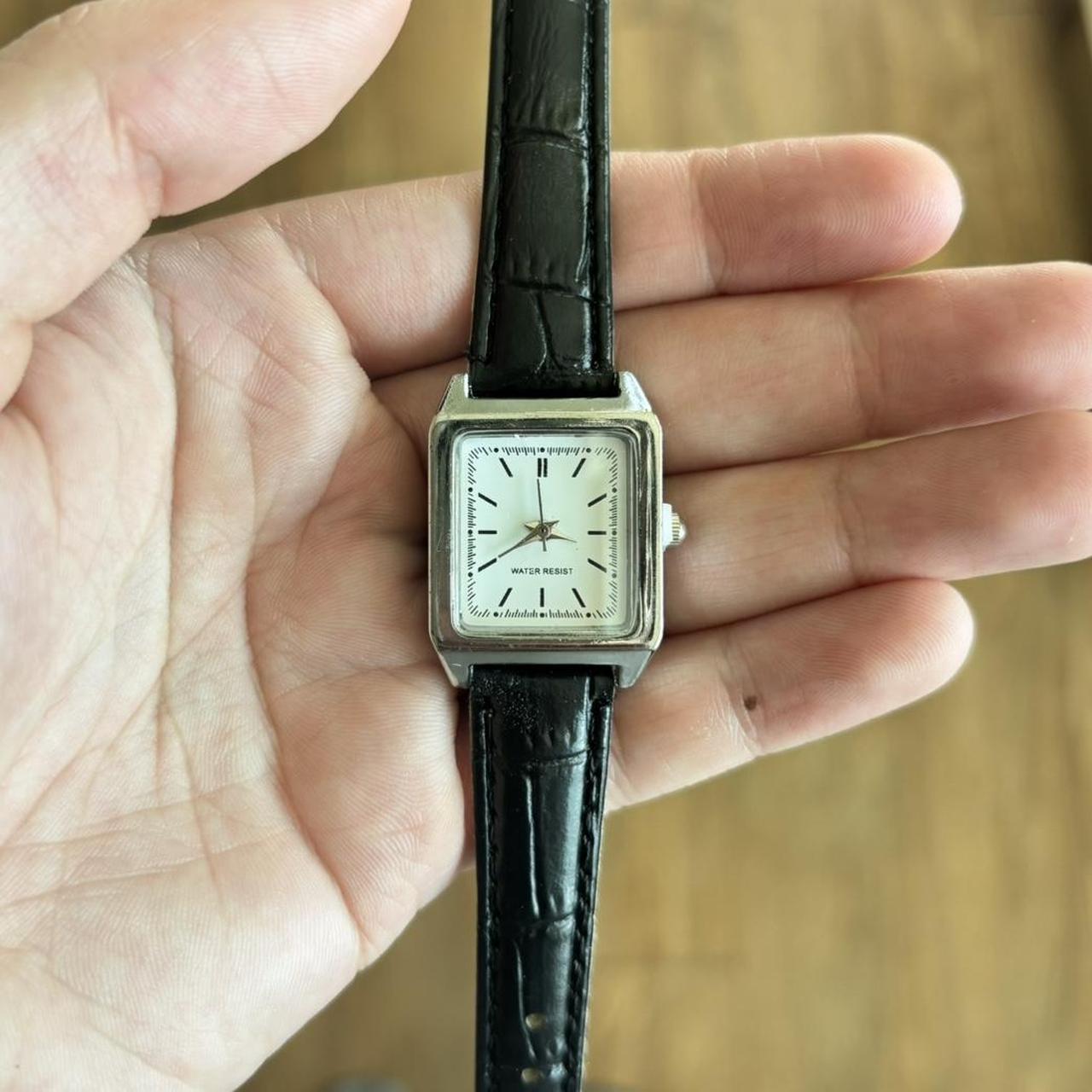 y2k silver square watch black leather -... - Depop