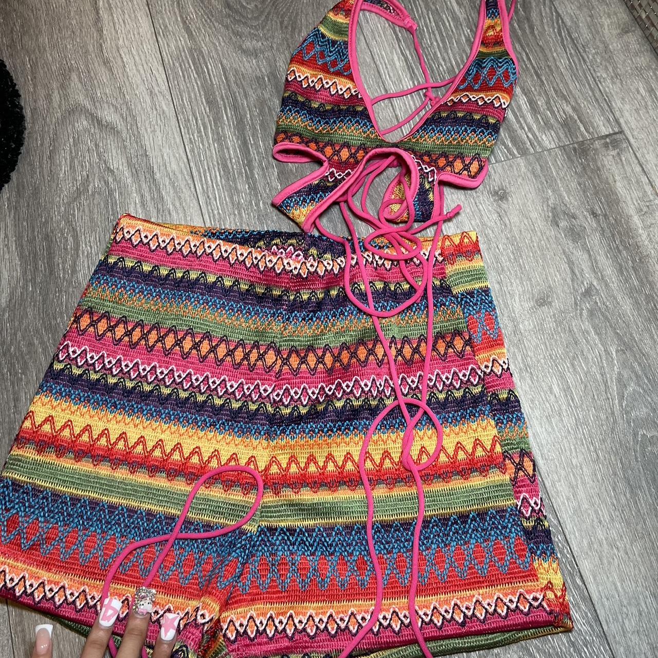 SHEIN pattern lace up two piece set tribal... | Depop