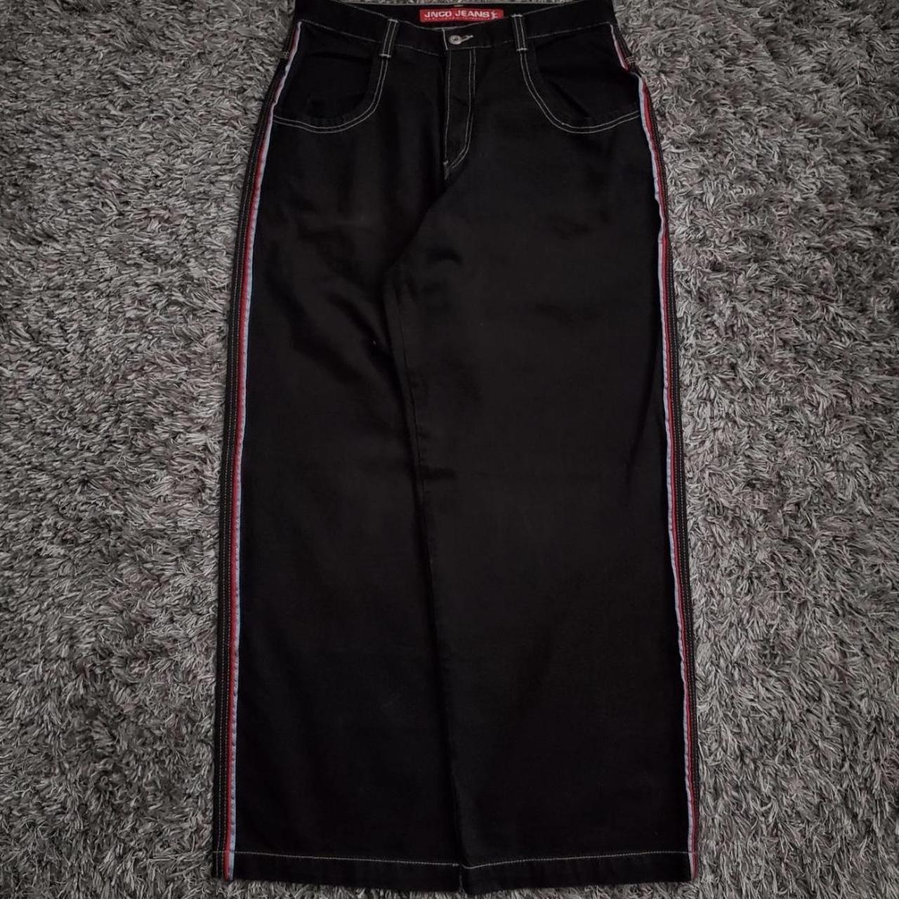JNCO Black with red side stripe GRAIL baggy jeans... - Depop