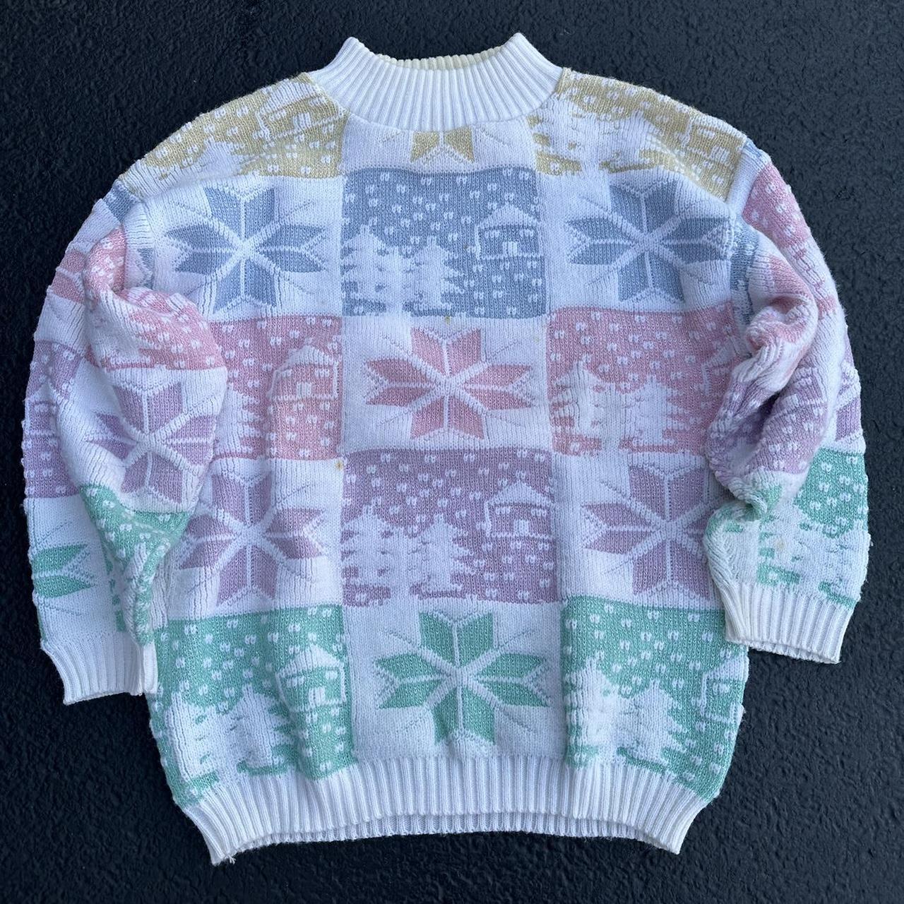 Vintage 90s Spunky Pastel Patchwork Knit Snowflake... - Depop