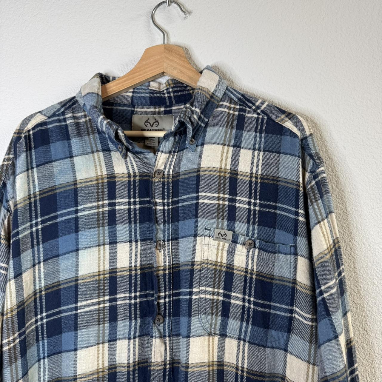 Blue and white plaid real tree button down flannel... - Depop