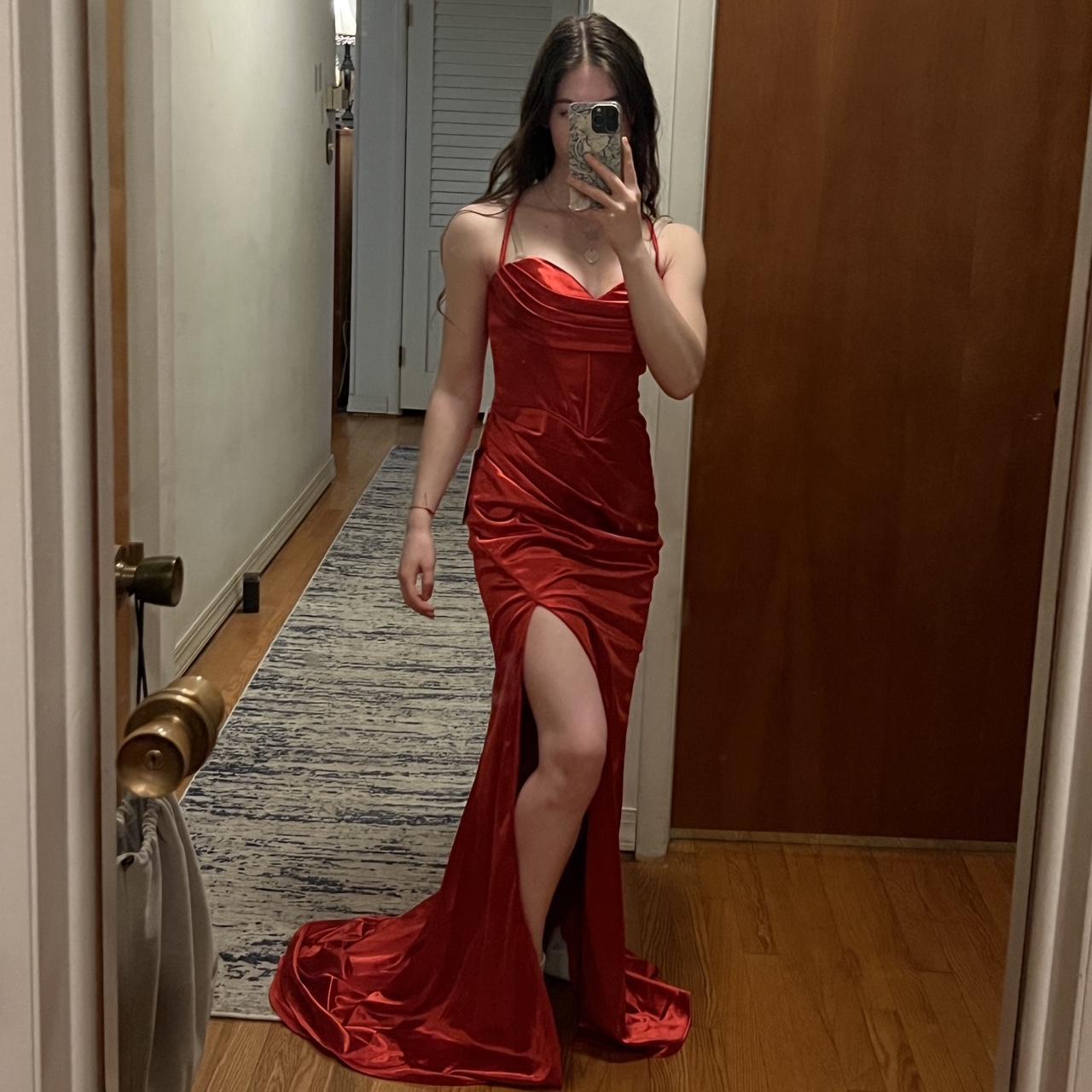 Red Corset Boning Satin Prom Dress -new with tags,... - Depop