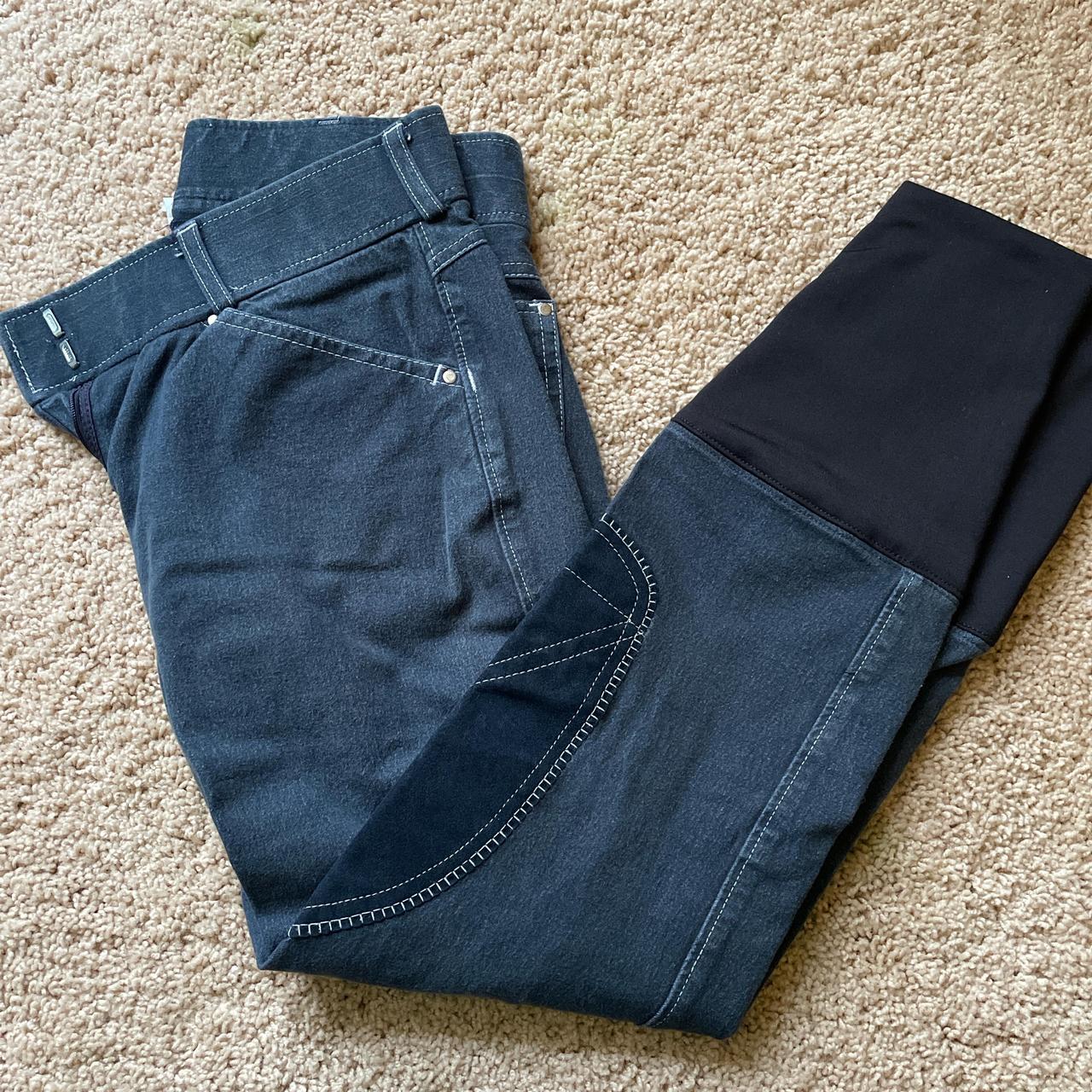 Dark wash blue riding pants with black knee pads and... - Depop