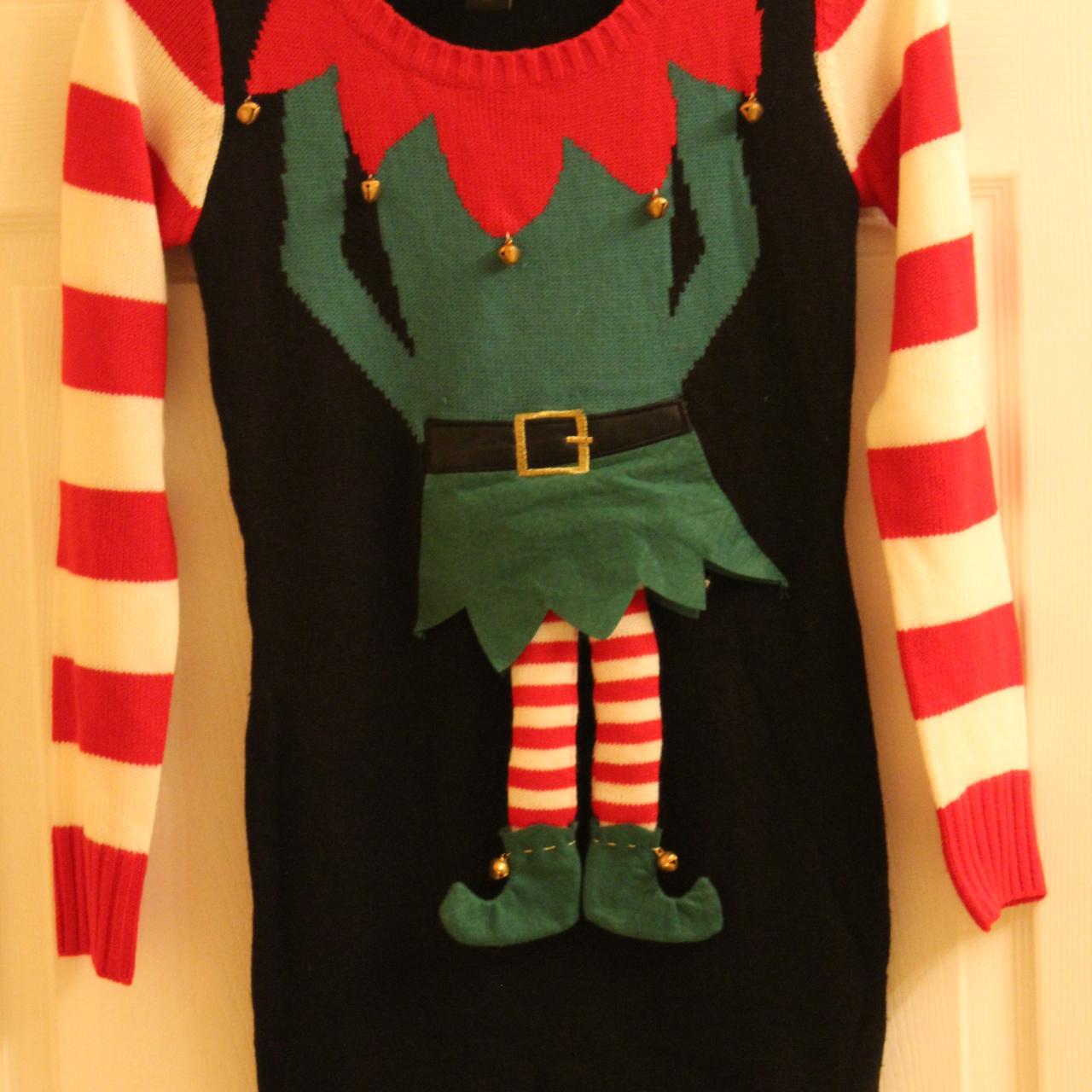 Christmas Elf Ugly Sweater Dress, with bells Hooked... - Depop