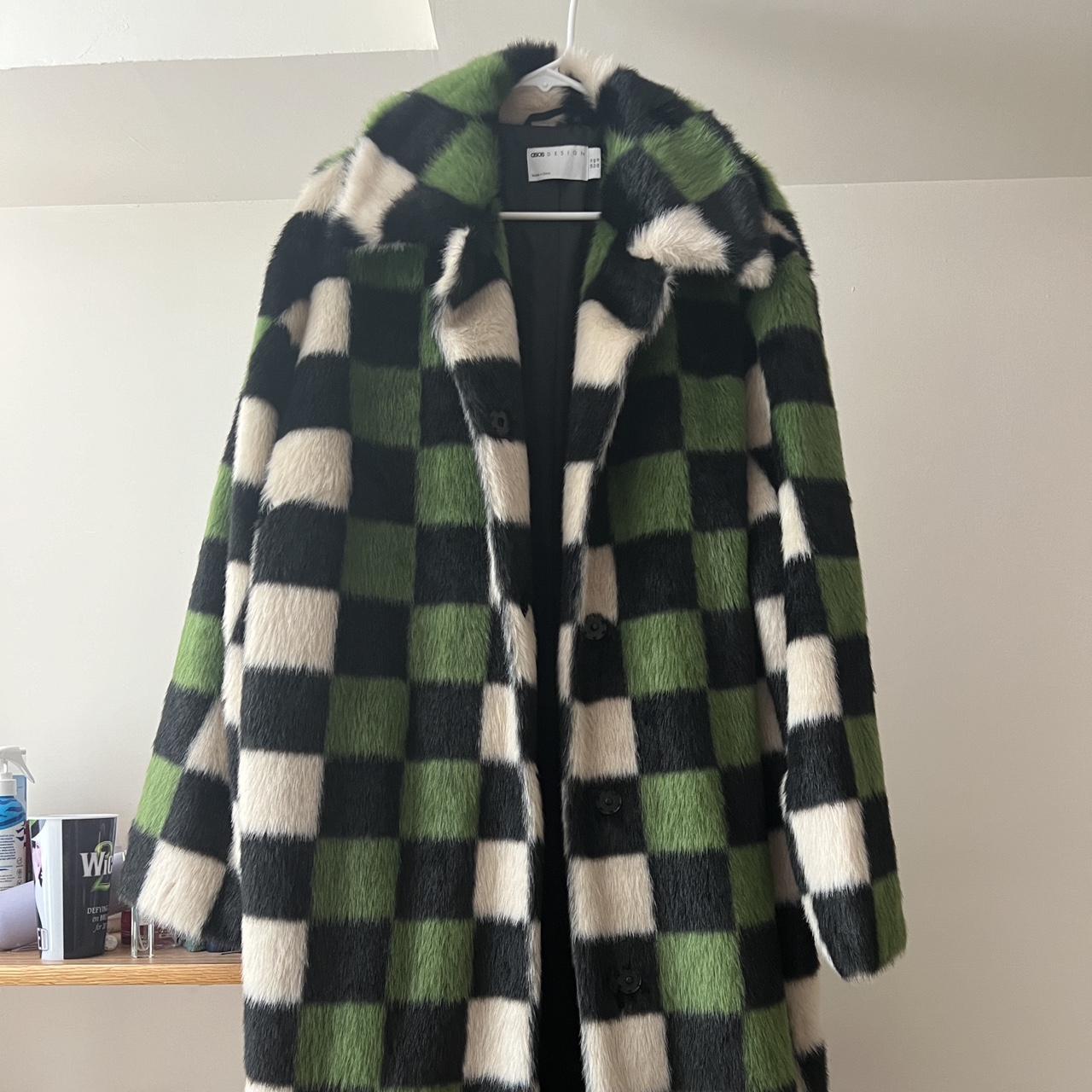 Green, Black, and White Checkered Faux Fur Coat - Depop
