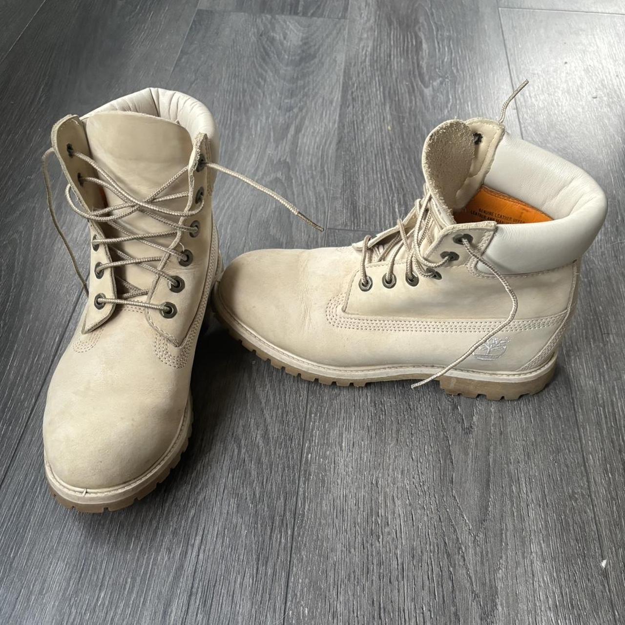 Women’s light tan/cream Timberland boots. No size is... - Depop