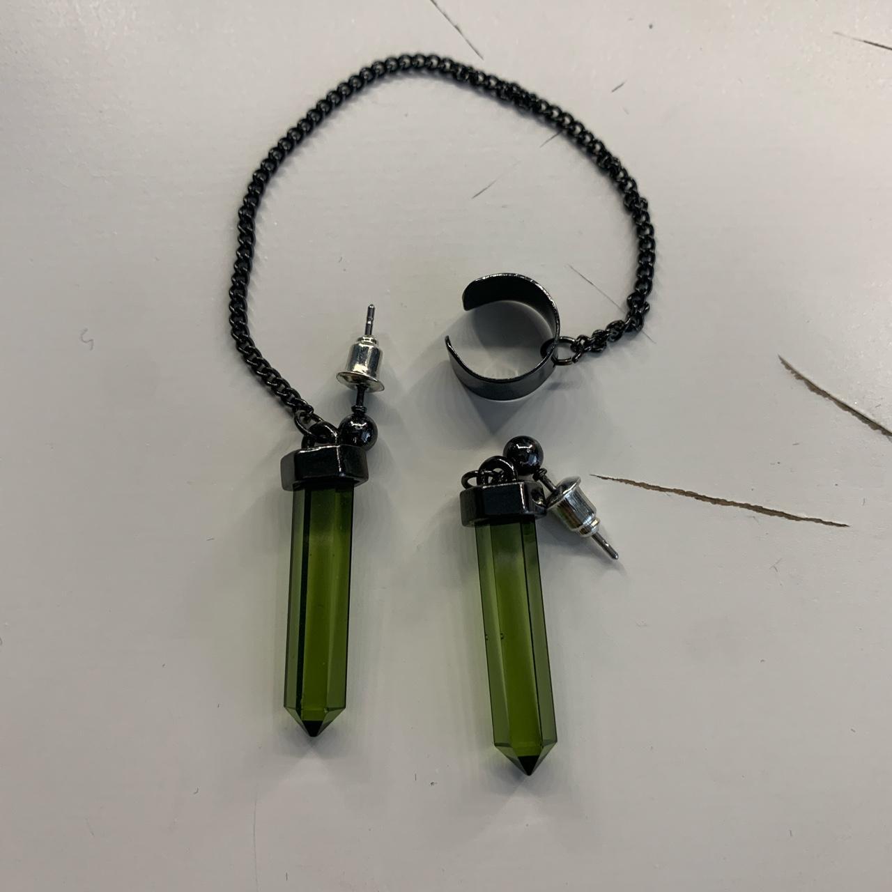 Hot Topic Green and Black Crystal Earrings w/ Cuff.... - Depop