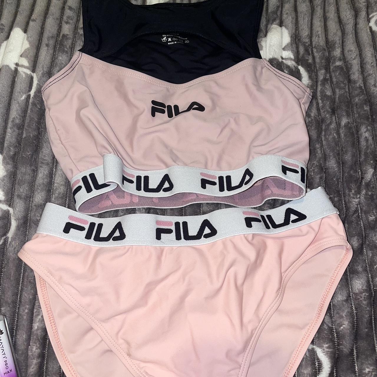 fila swim suit 2 piece, dis colouring on the top - Depop