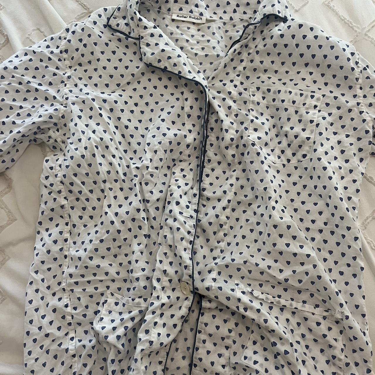White and blue heart print pajama shirt Roller... - Depop