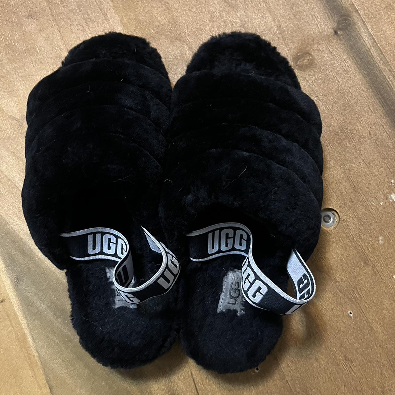 Size 9 black UGG slippers with strap. Super cute,... - Depop