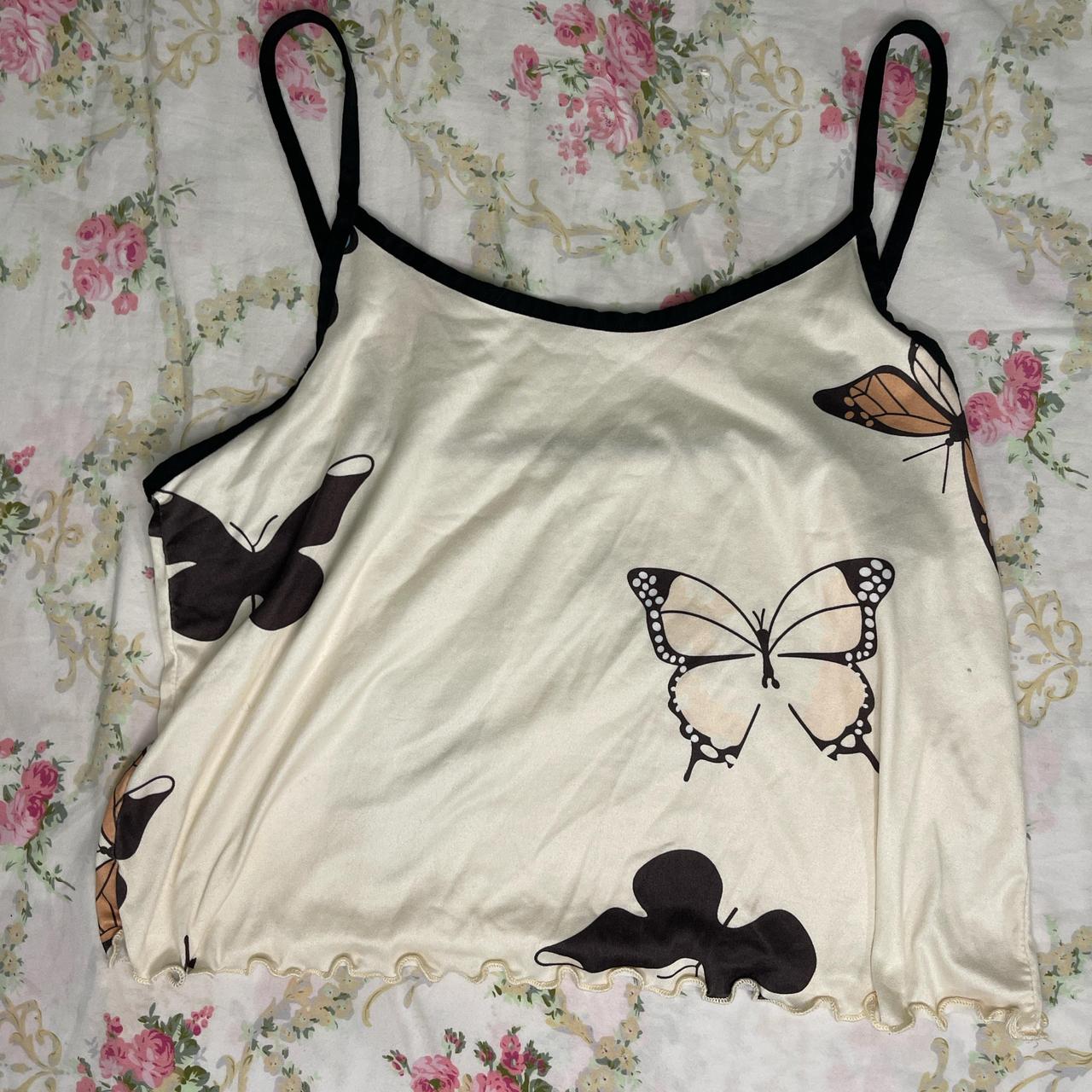 White and black butterfly cami top, no size but... | Depop