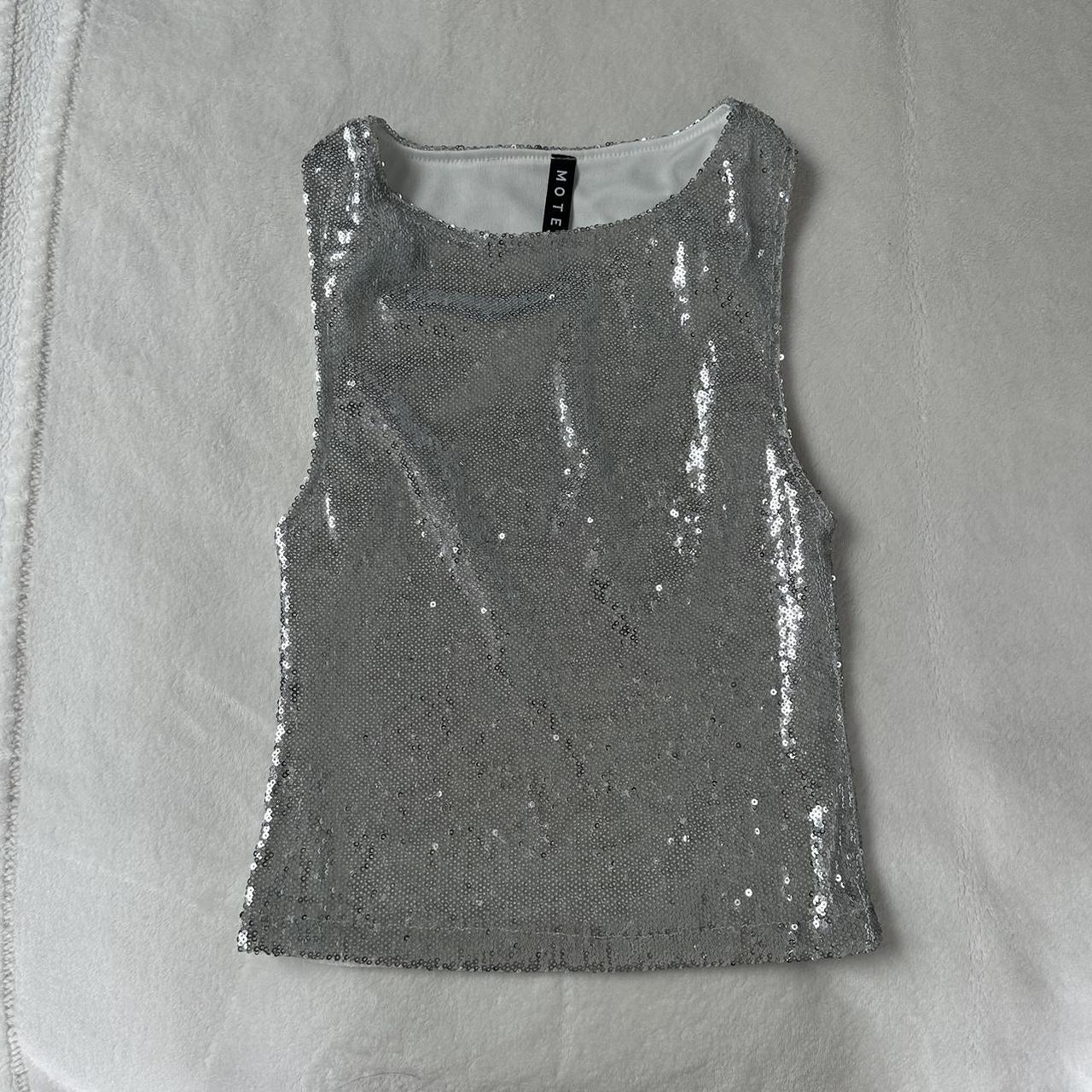 motel rocks hala vest top, silver sequin tank size... - Depop