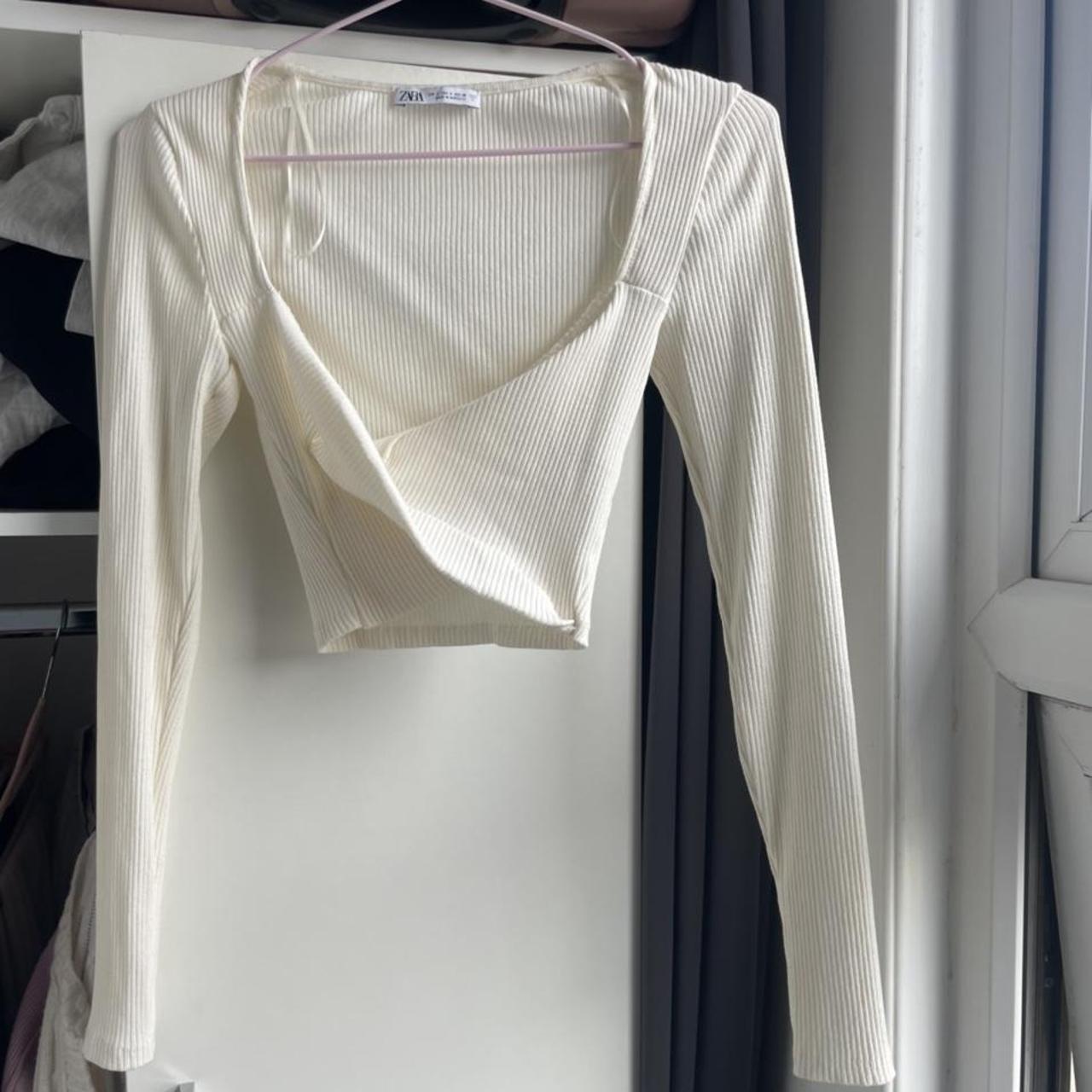 Zara, white long sleeve cross over crop top Worn... - Depop