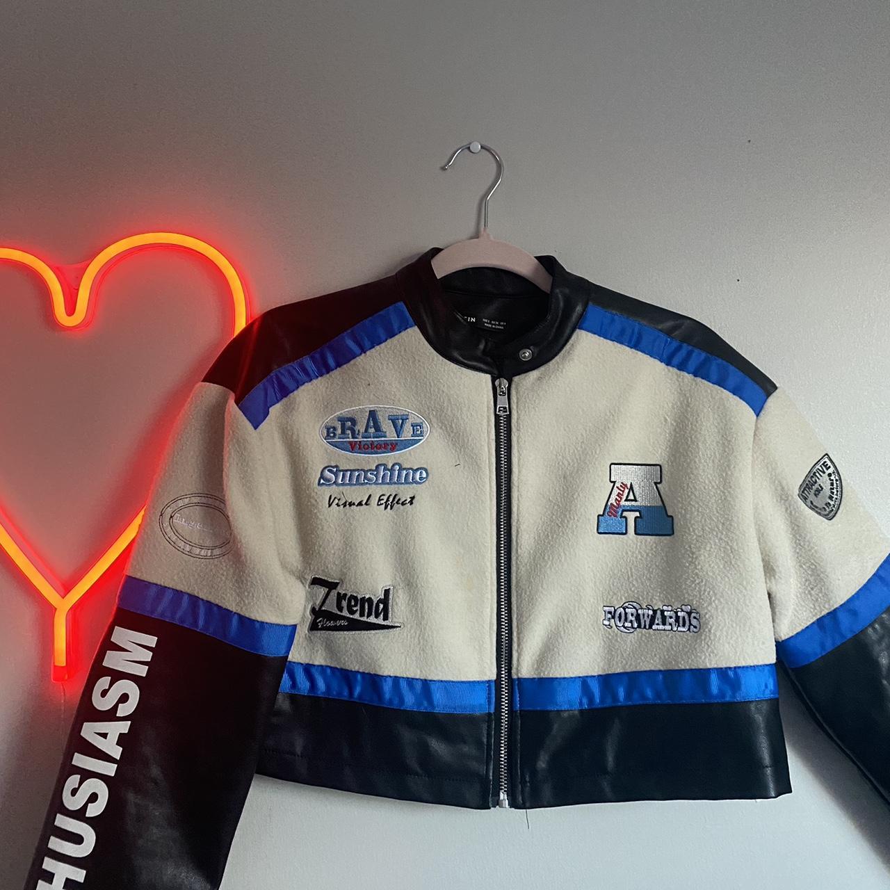 Graphic motorcycle style letter jacket. In excellent... - Depop