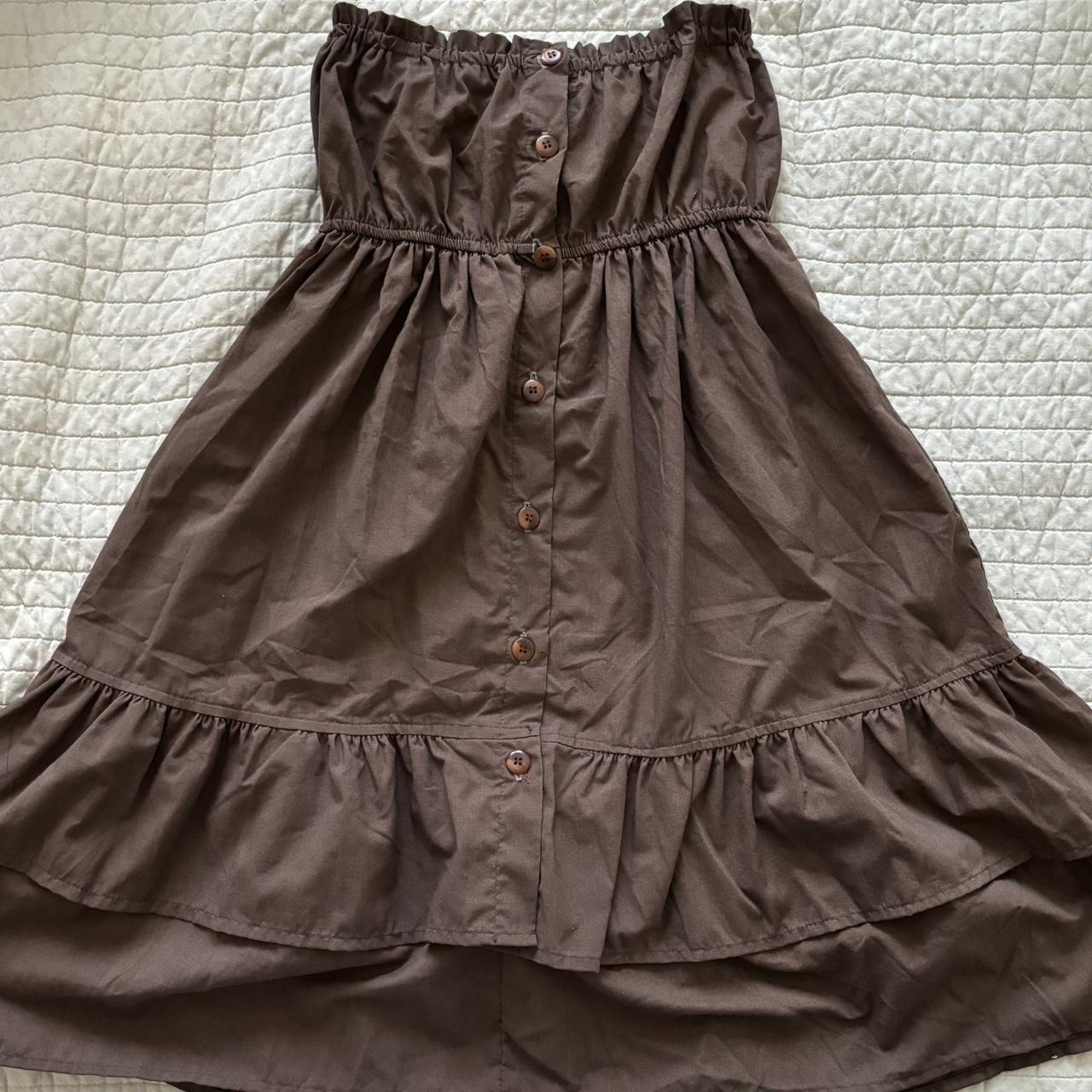 Brown and tan sleeveless dress with buttons down the... - Depop