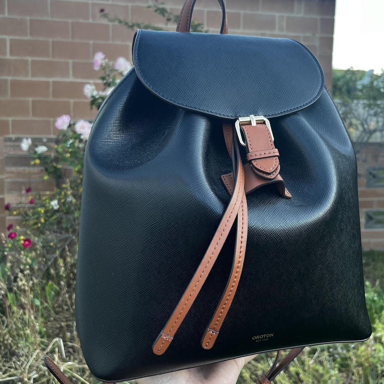 Black and tan Oroton backpack in saffiano leather.... - Depop