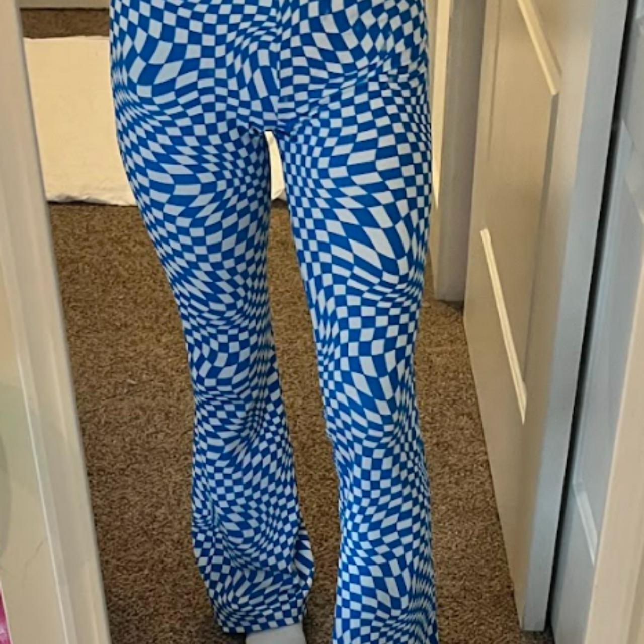 blue and white checker print flare pants - Depop