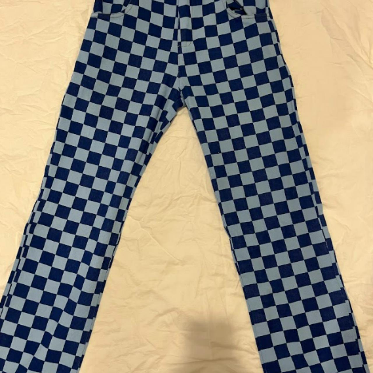 blue checker print jeans size small = 24/25" - Depop