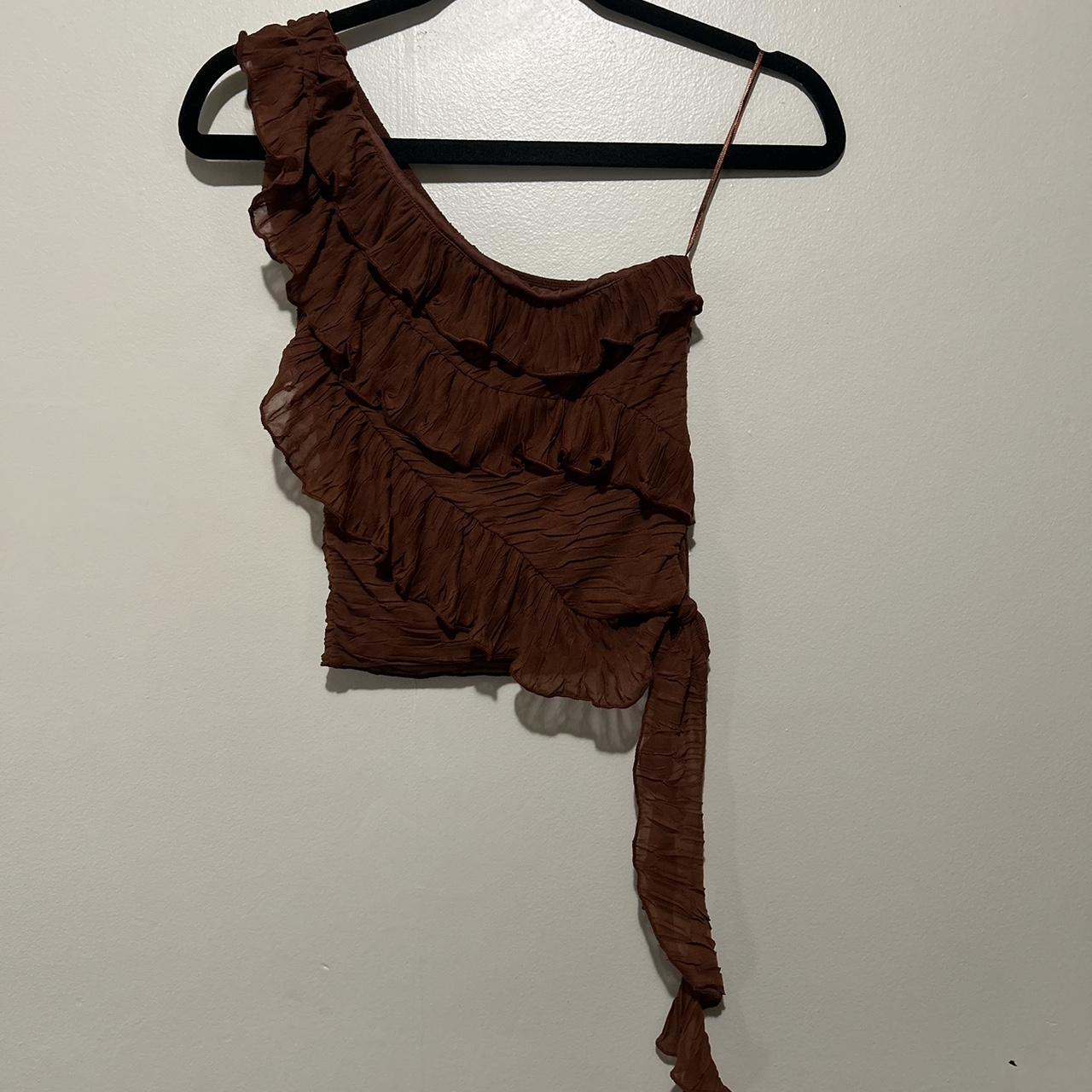 Zara One shoulder ruffle top Brown - Depop