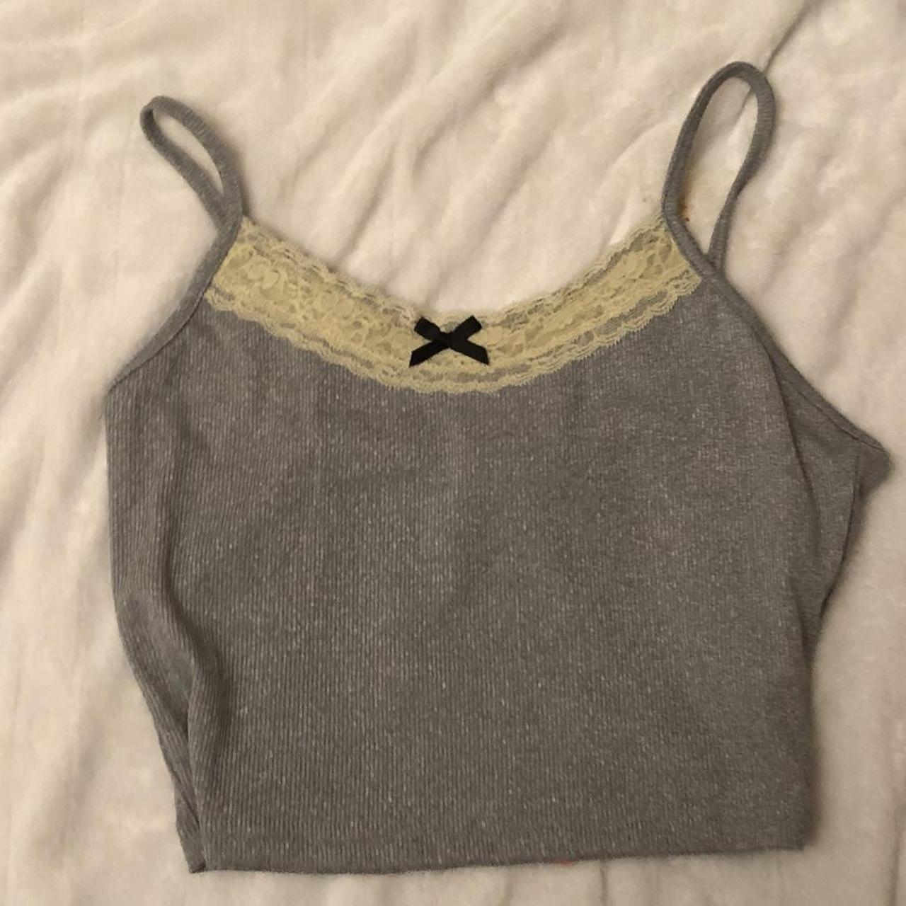 cropped lace grey tank w a bow — -ˋ୨୧´- — fits like... - Depop