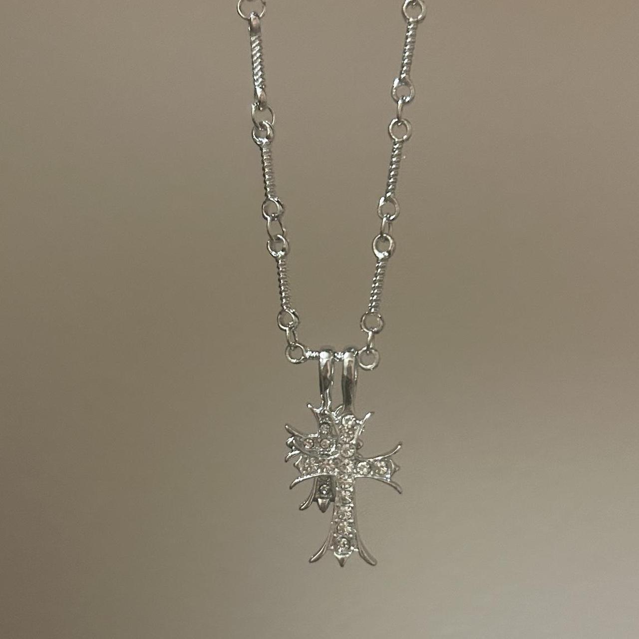 sterling silver rhinestone double cross necklace —... - Depop