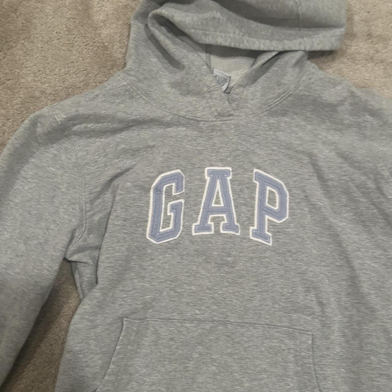 gap baby blue and white lettering grey hoodie - Depop