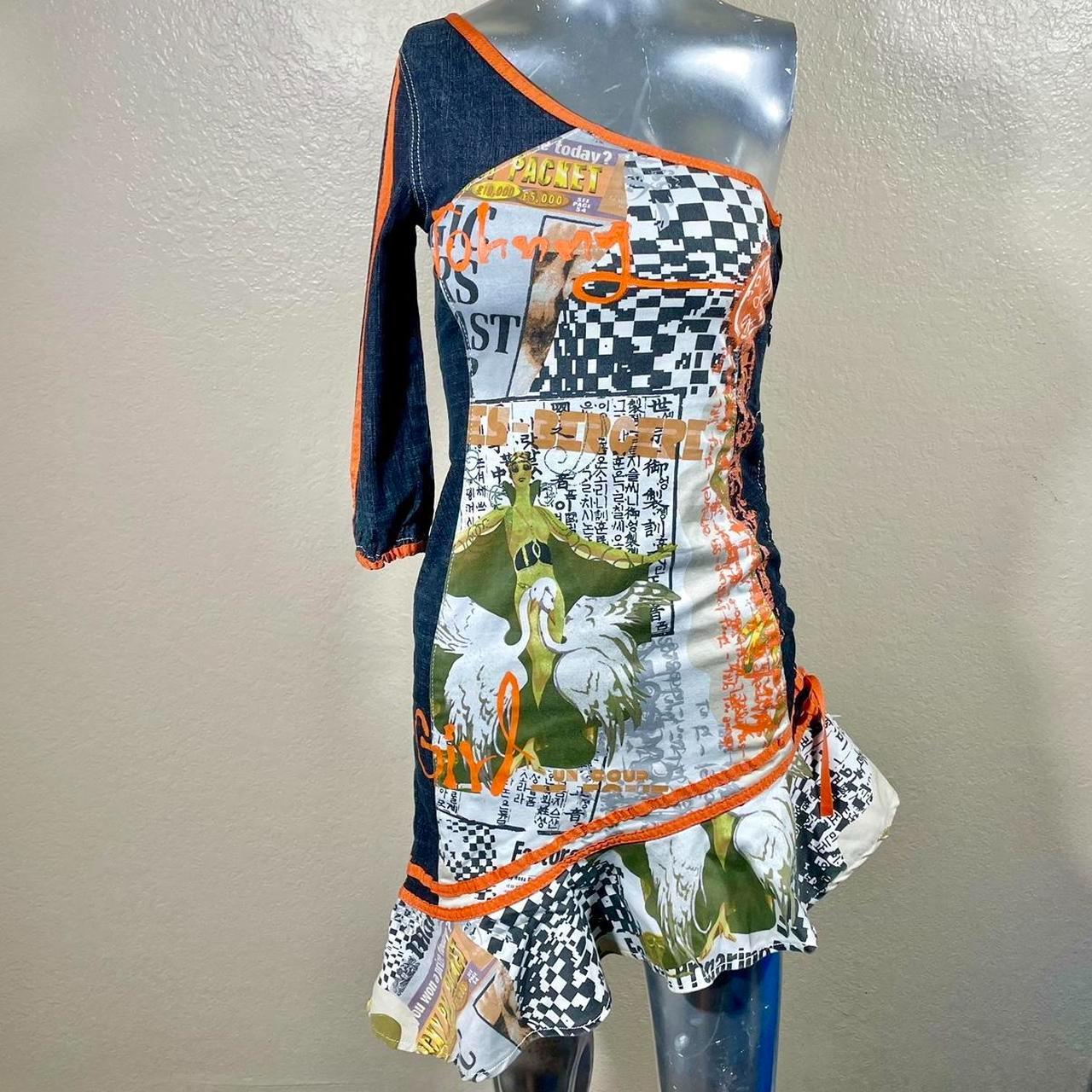 Vintage Y2K pop punk art printed dress one-shoulder... - Depop