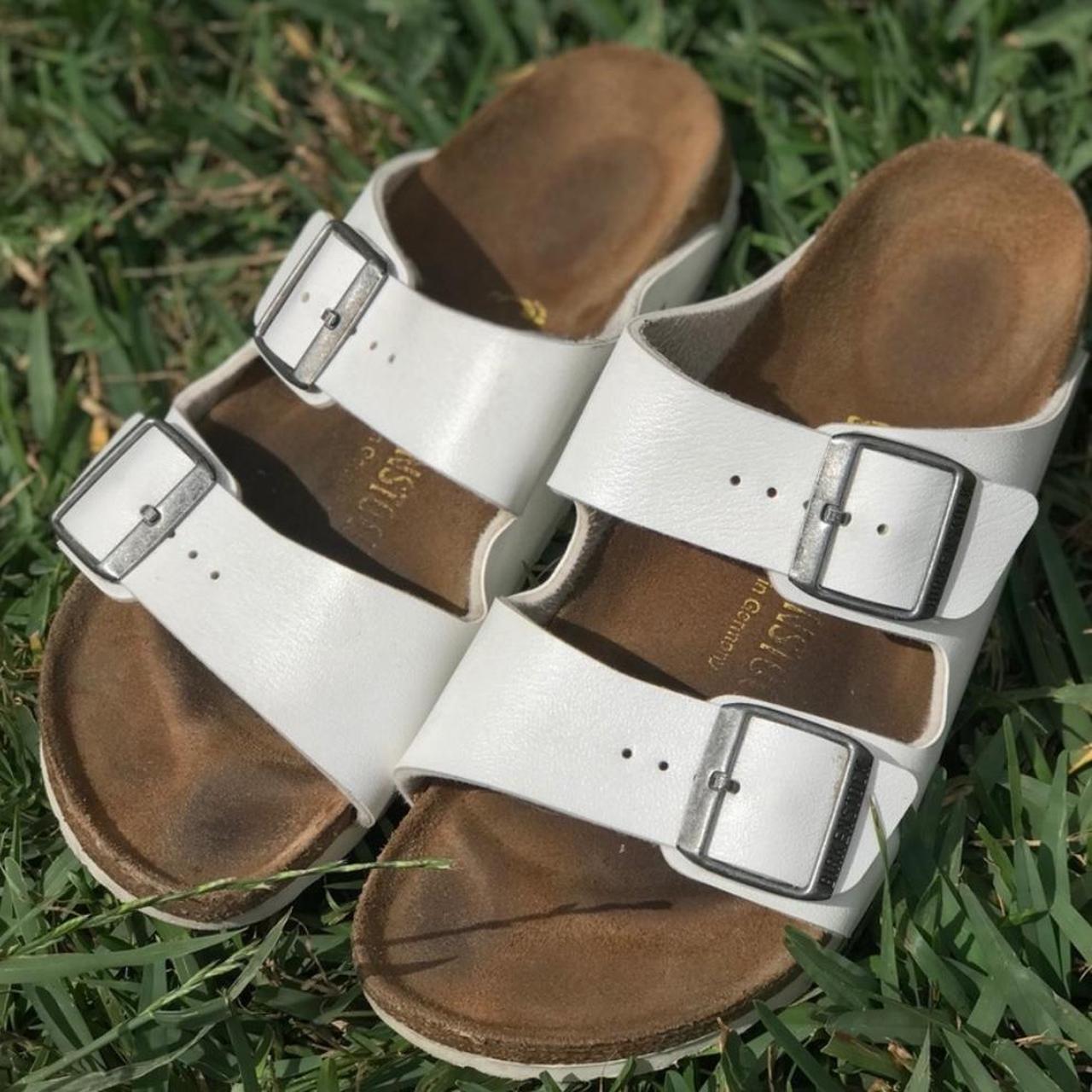 Birkenstock Arizona sandals white leather size 7... - Depop