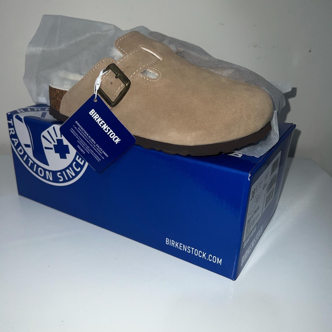 birkenstock boston clog -> sand colour furr insole... - Depop