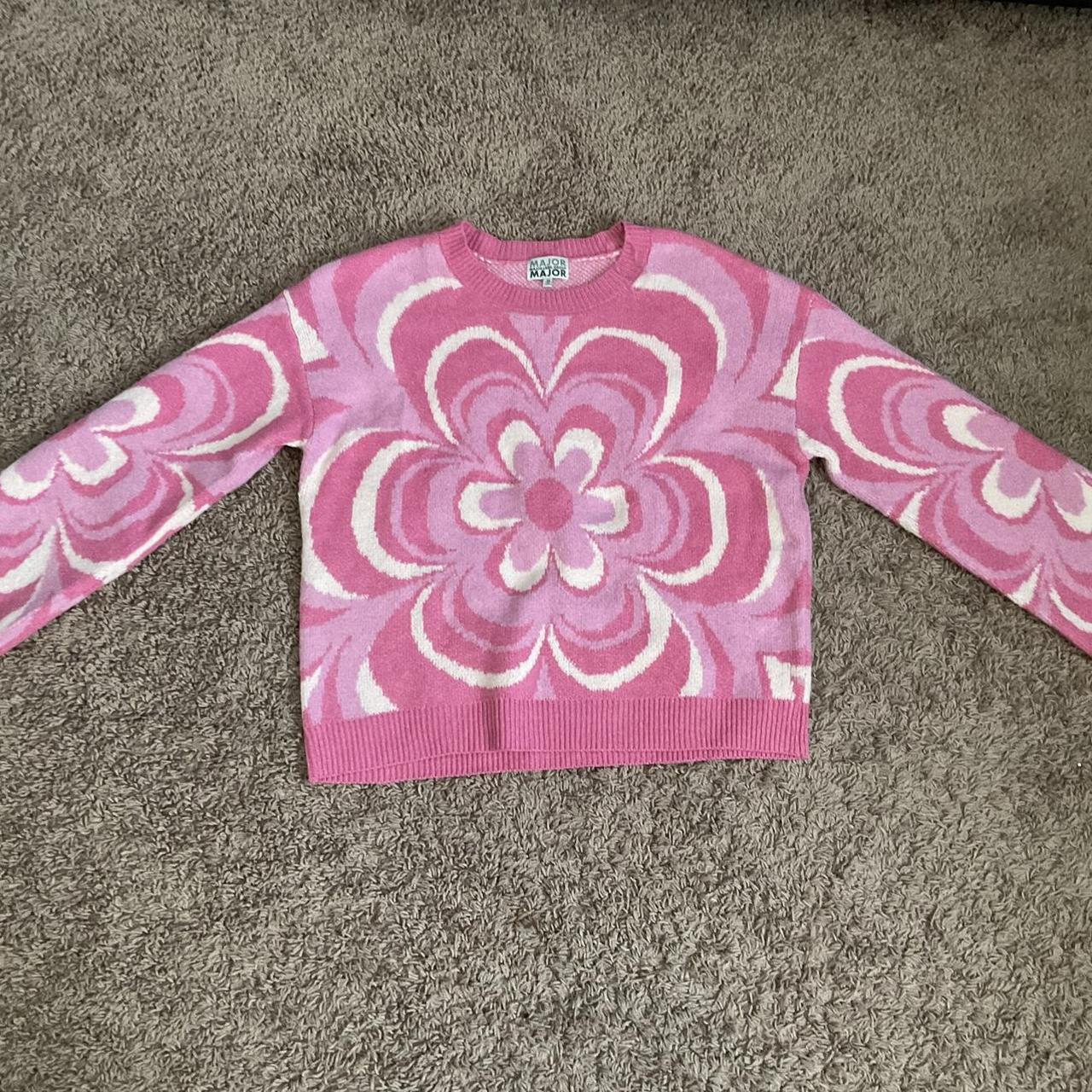 size m pink floral sweater thick cotton material... - Depop