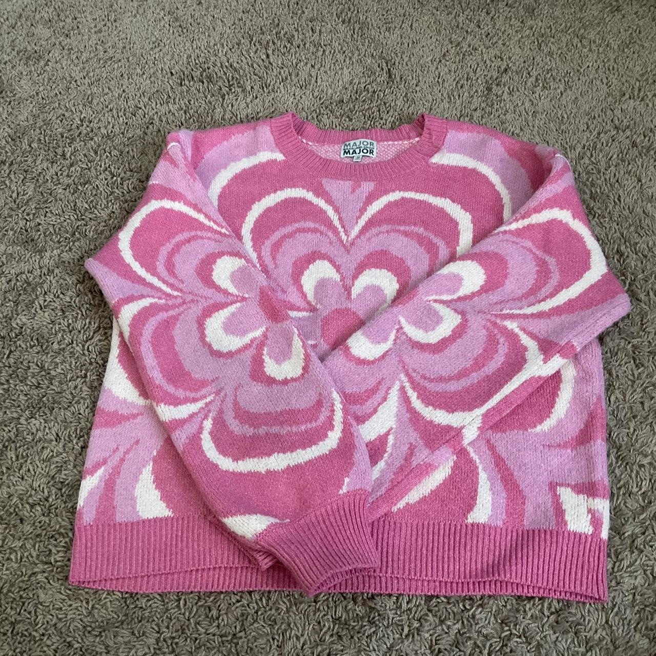 size m pink floral sweater thick cotton material... - Depop