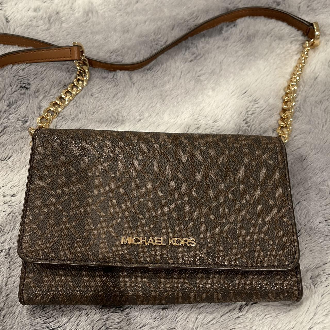 Michael Kors brown monogrammed gold link crossbody.... - Depop