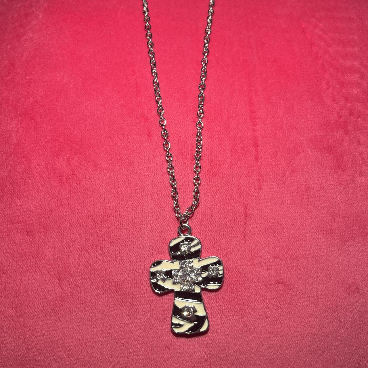 Zebra print cross necklace with rhinestones ( size... - Depop