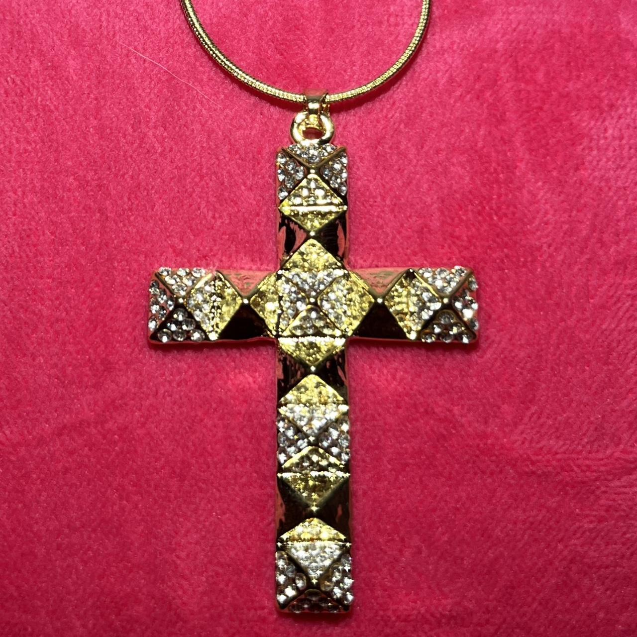 Y2K Studded Cross Necklace Gold size shown in second... - Depop