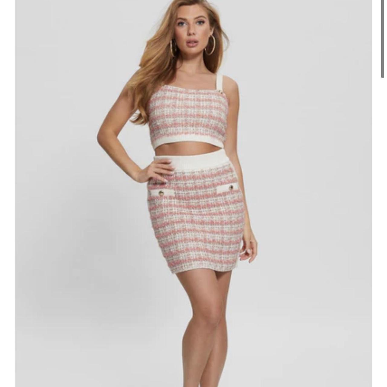 GUESS Pink tweed knit set Top size XS skirt size S... - Depop